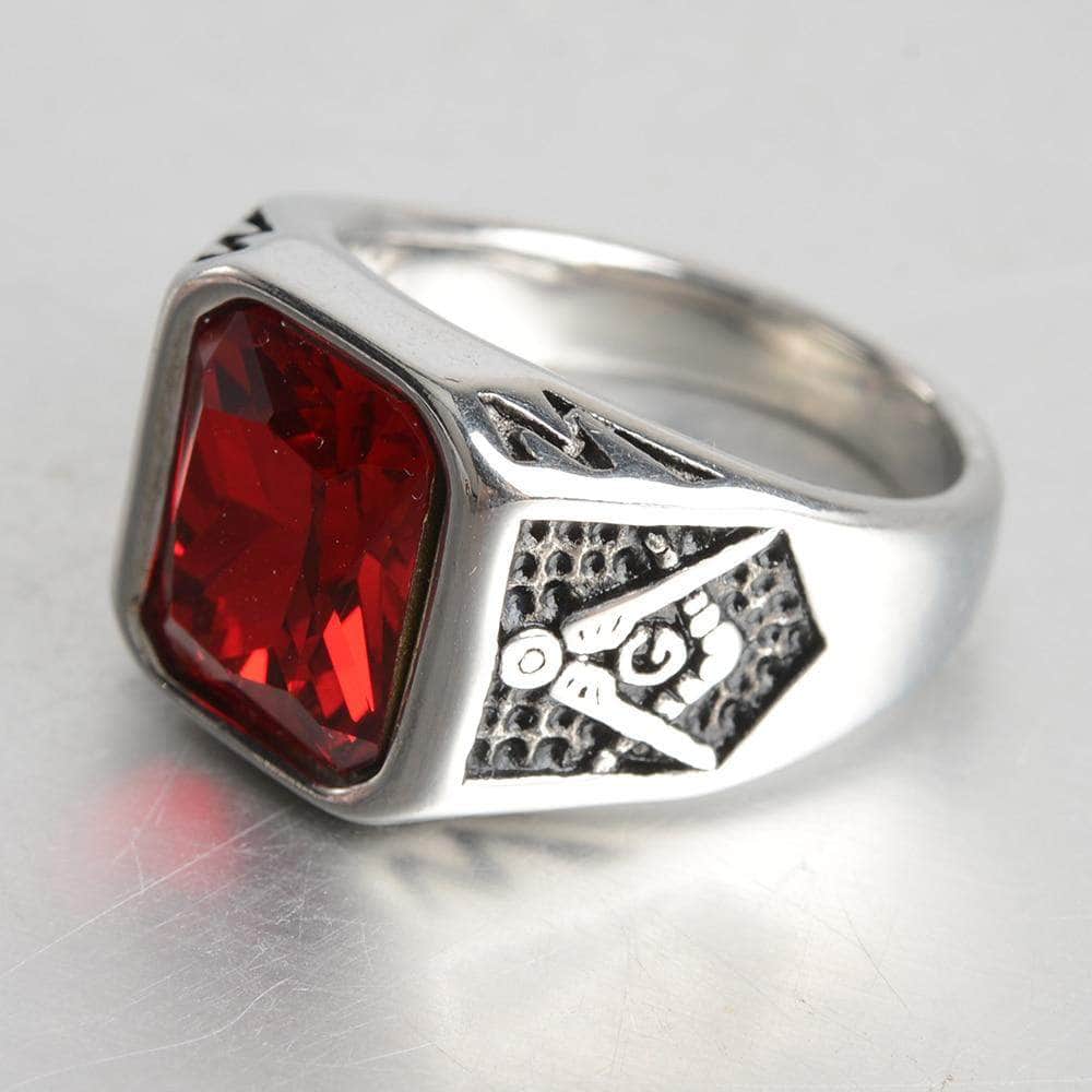 Masonic Ring Red Gemstone Silver | Templar Cross